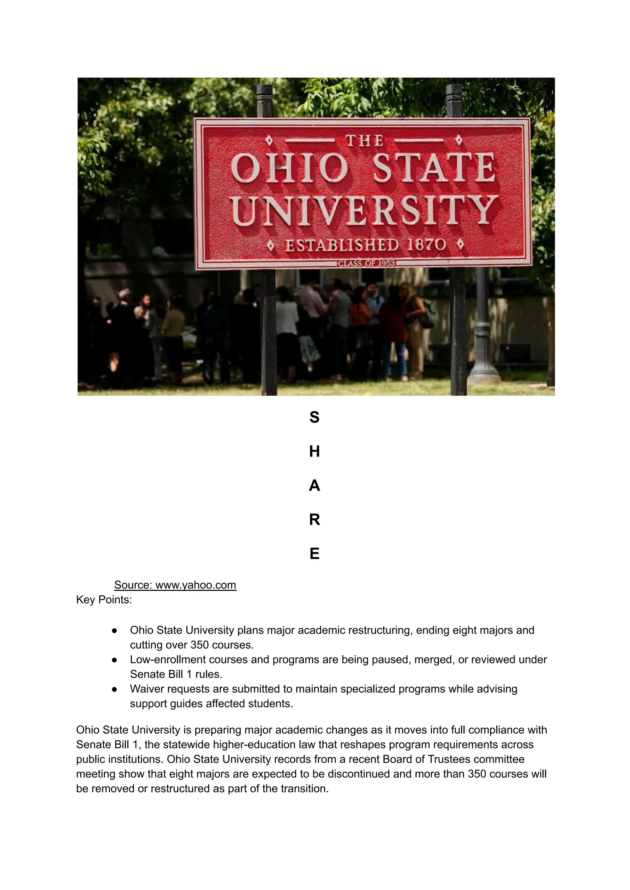Ohio State Plans to End Eight Majors and Cut Hundreds of Courses Under ...