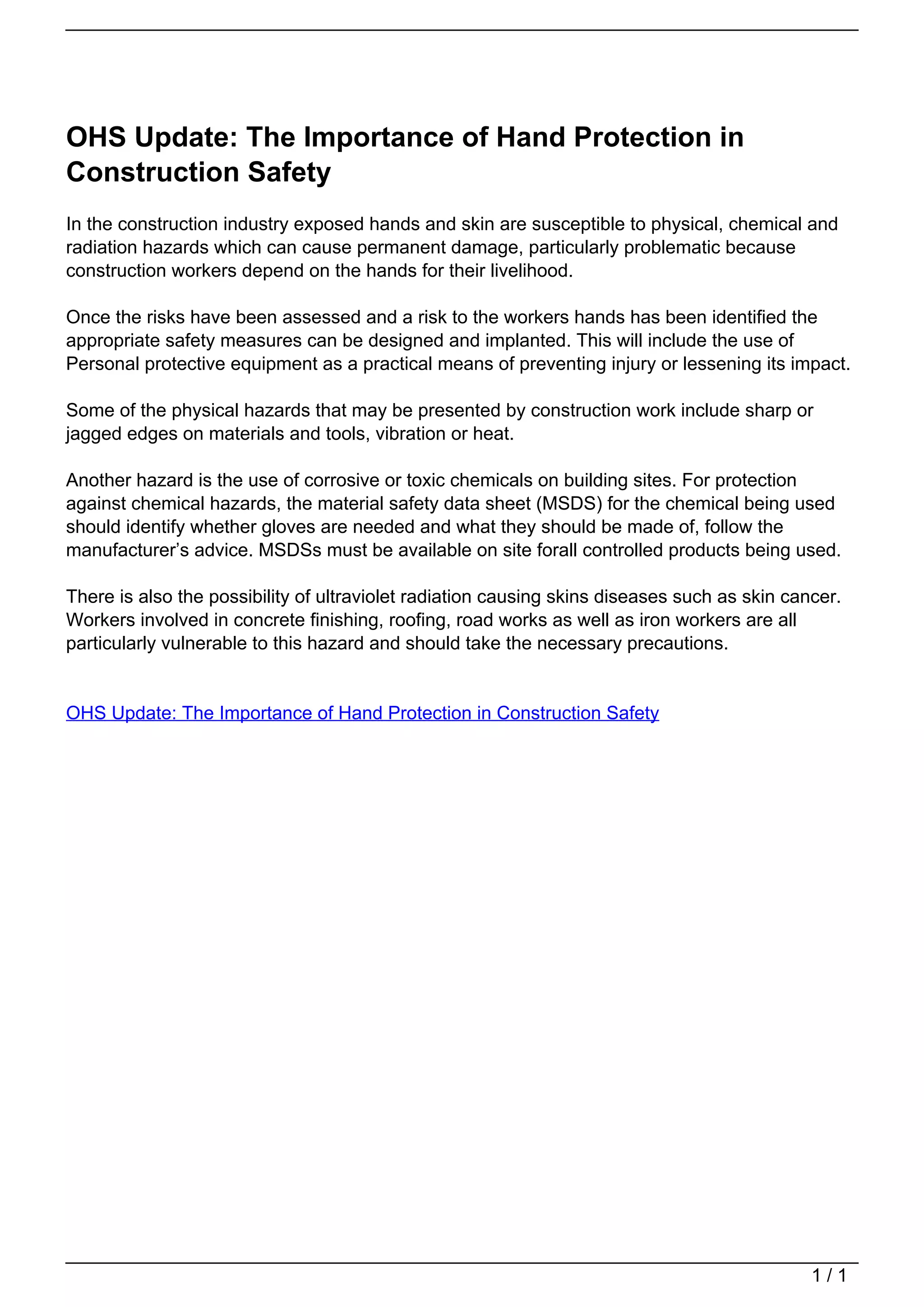 OHS Update: The Importance of Hand Protection in Construction Safety | PDF