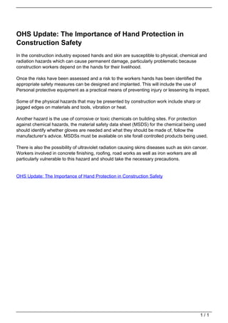 OHS Update: The Importance of Hand Protection in Construction Safety | PDF