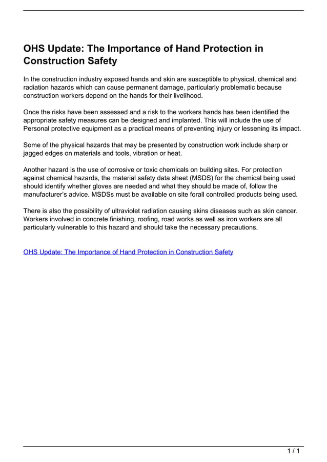 OHS Update: The Importance of Hand Protection in Construction Safety | PDF