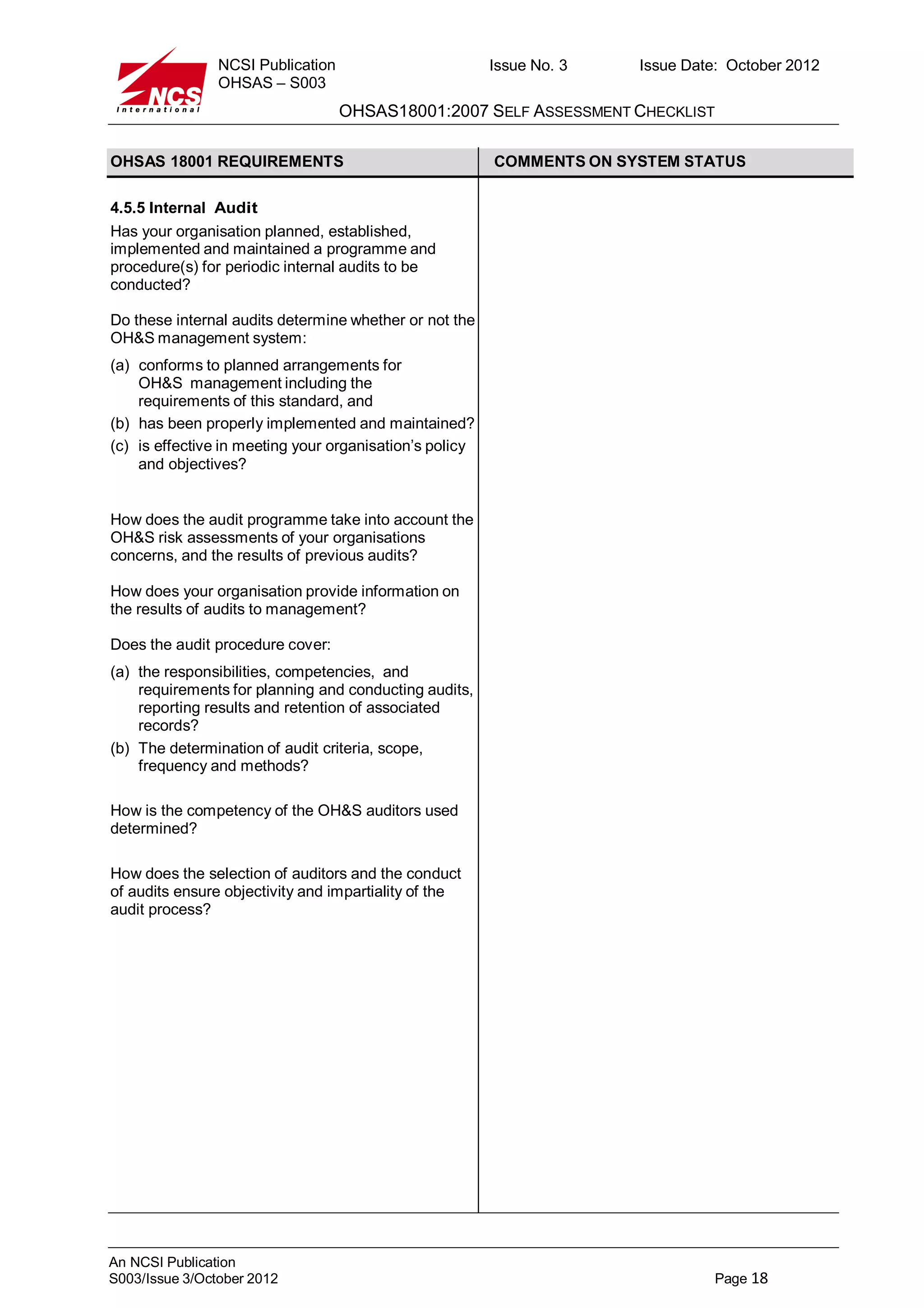 Ohsas 18001 self assessment checklist | PDF