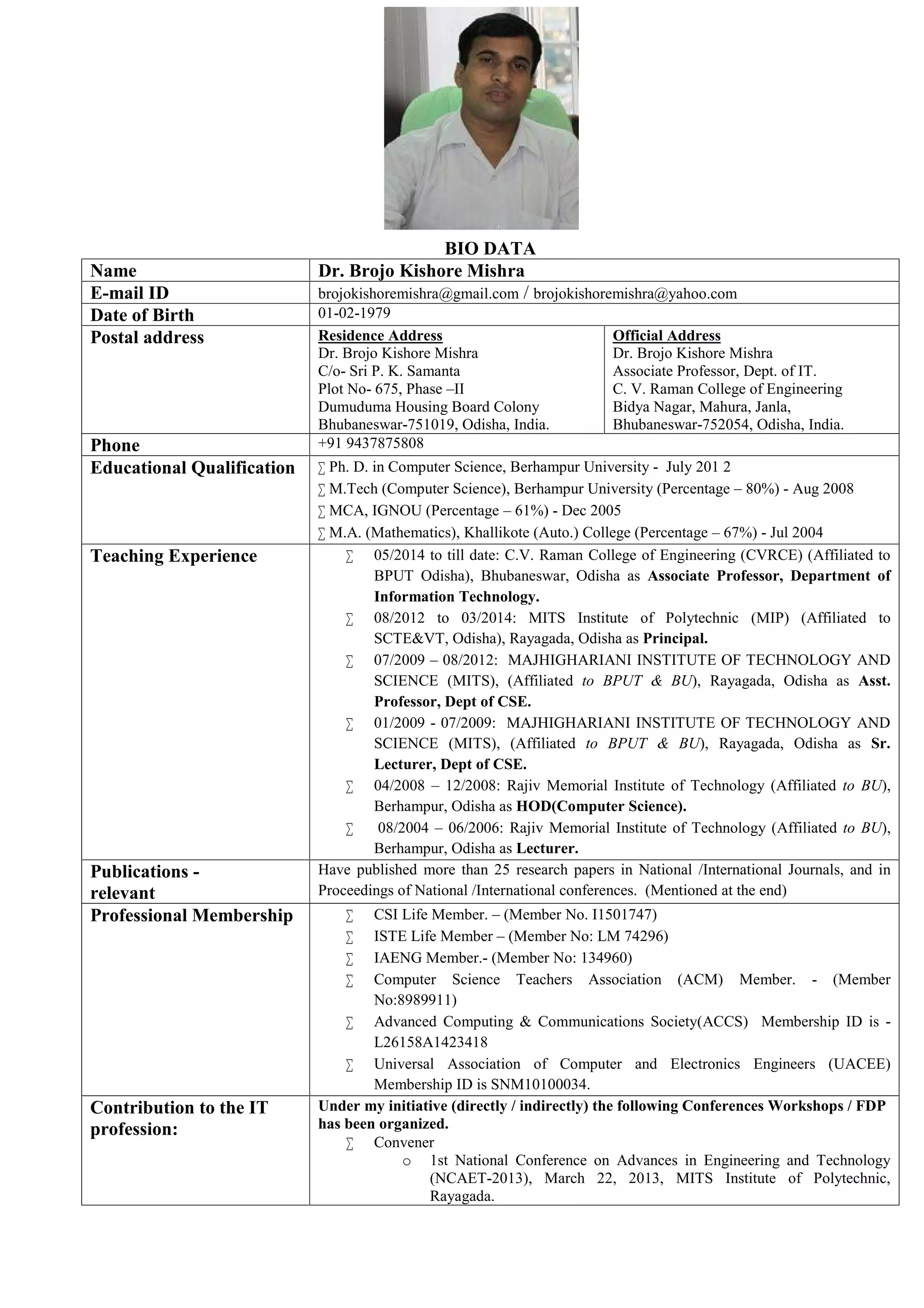 Profile of Dr. Brojo Kishore Mishra | PDF