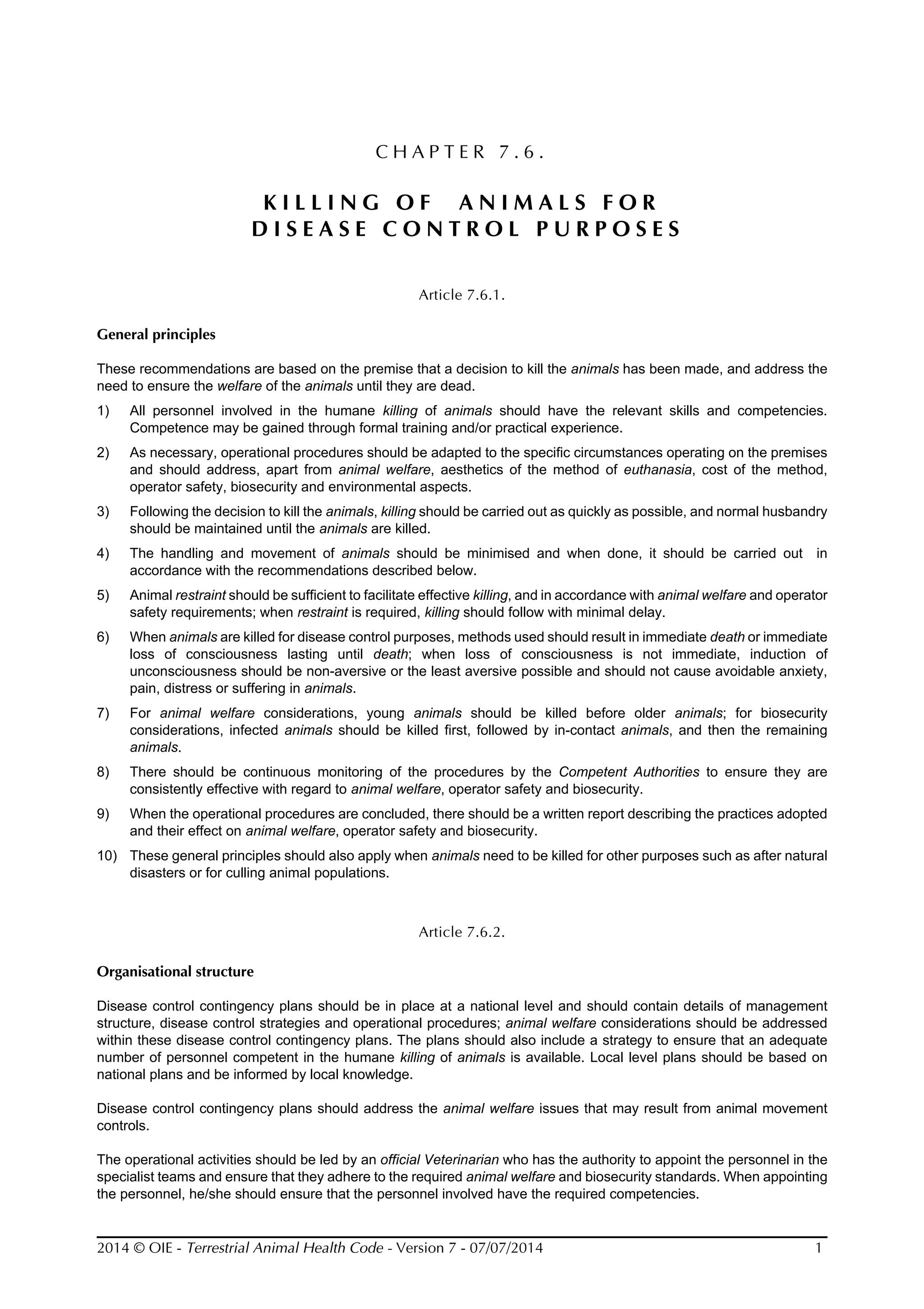 OIE terrestrial code killing of animals for disease prevention | PDF