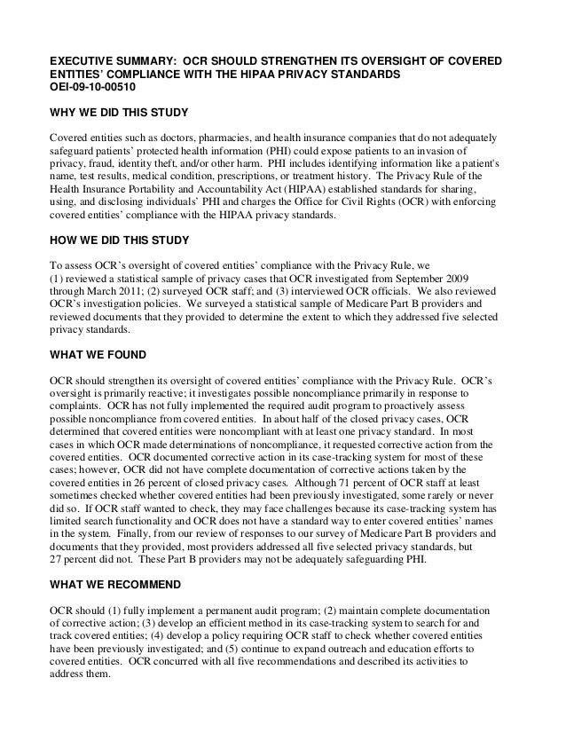 Office of Inspector General Study on OCR's HIPAA audit program