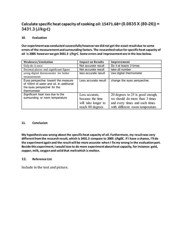 Oil and water specific heat capacity | DOCX | Physics | Science