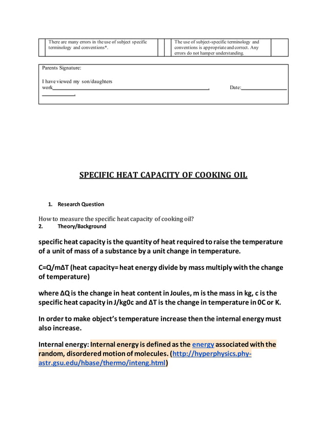 Oil and water specific heat capacity | DOCX | Physics | Science