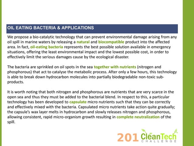 Oil Eating Bacteria Clean Tech Challenge | PPT