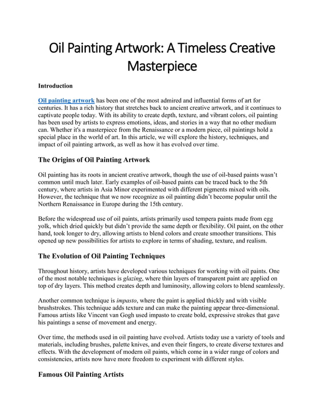 Oil Painting Artwork: A Timeless Creative Masterpiece | PDF