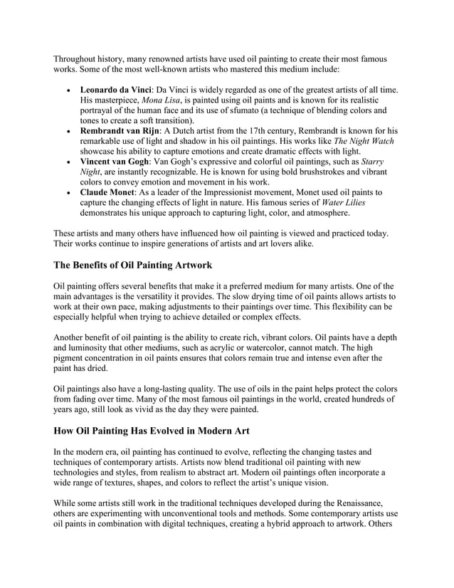 Oil Painting Artwork: A Timeless Creative Masterpiece | PDF