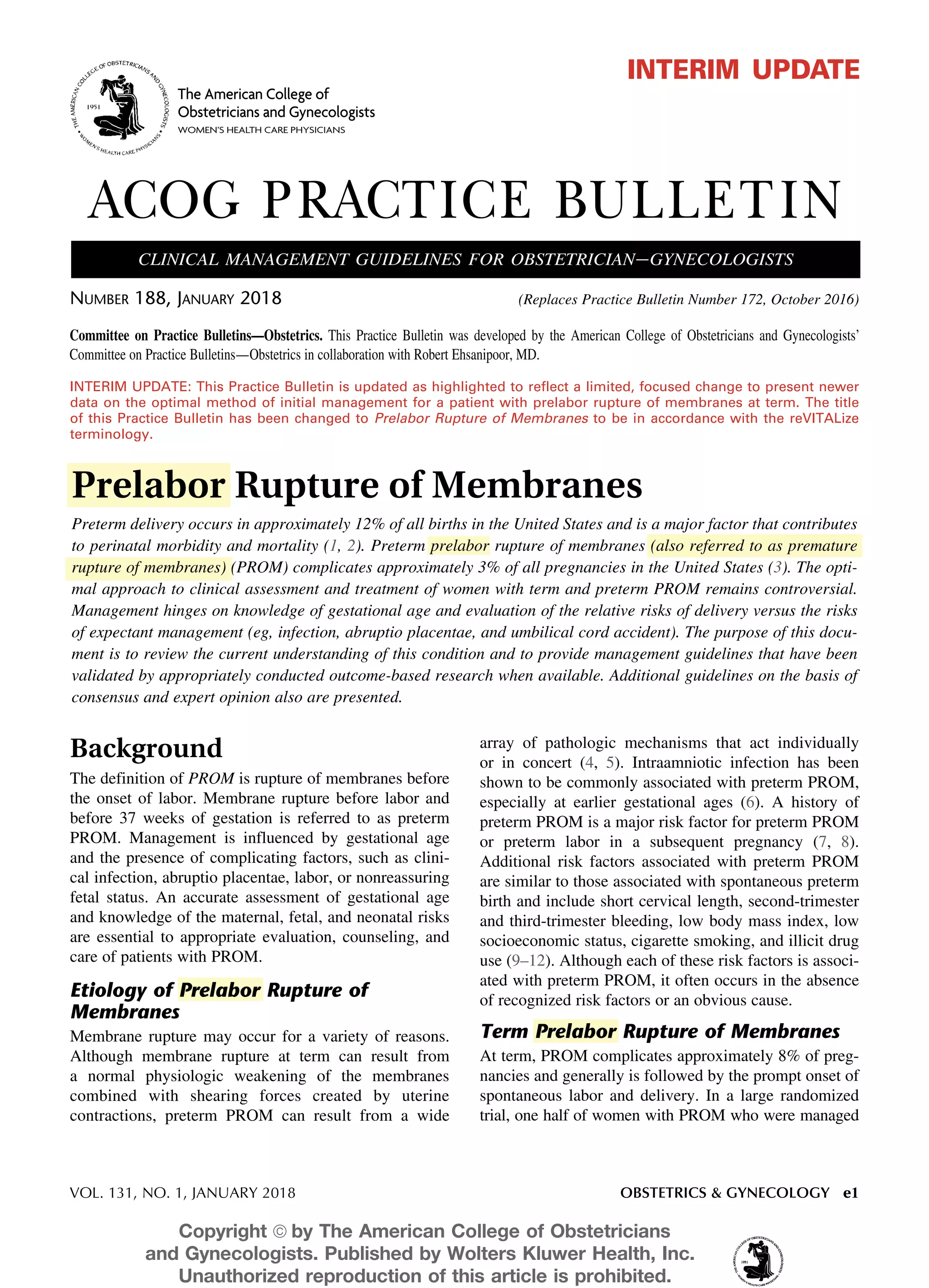 Oi vo non - prelabor rupture of membrane - acog guideline 2018 | PDF
