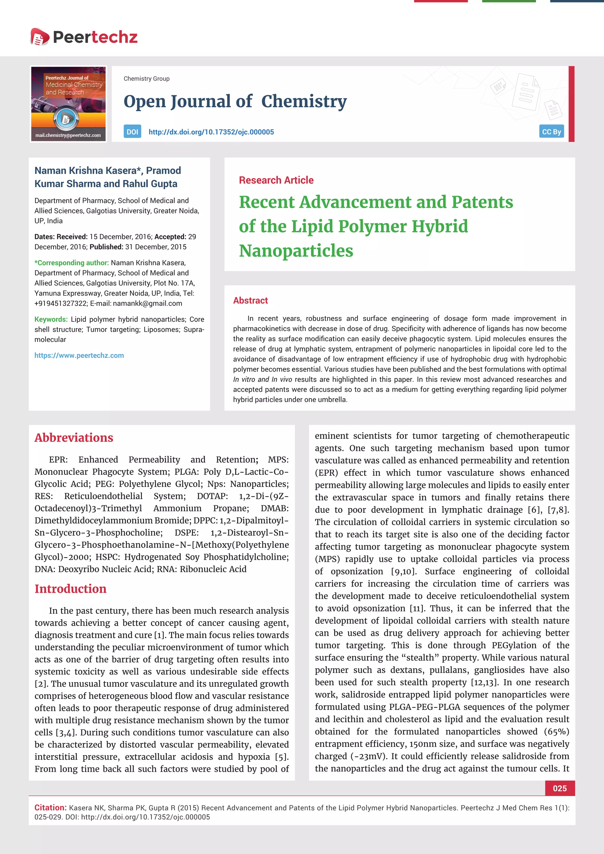 Recent Advancement and Patents of the Lipid Polymer Hybrid ...