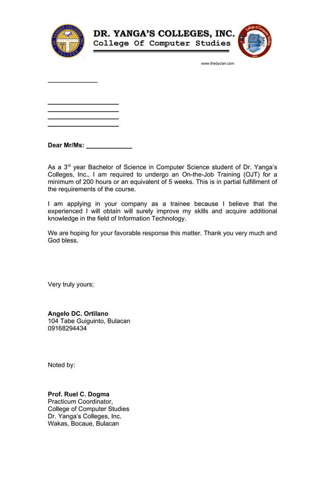 Ojt application letter | PDF