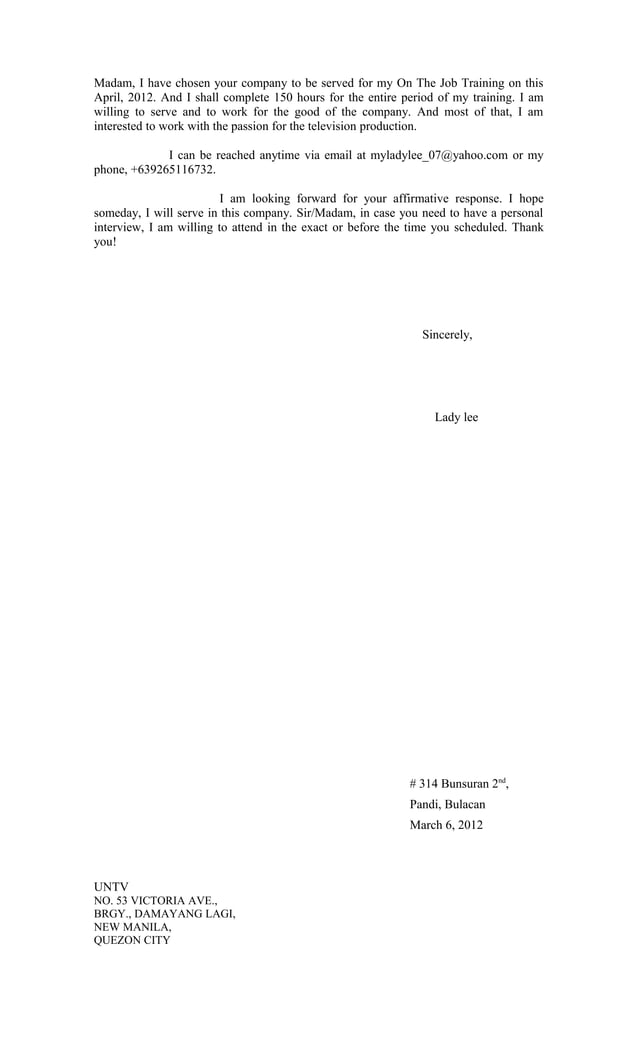 OJT Application Letter | DOC | Entertainment