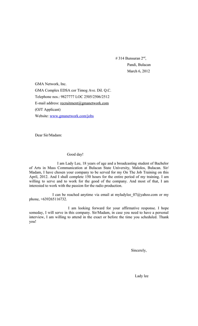 OJT Application Letter | DOC | Entertainment