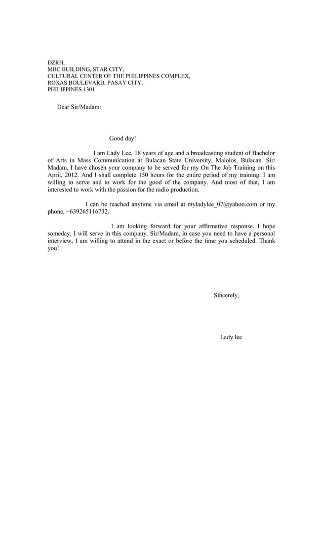 OJT Application Letter