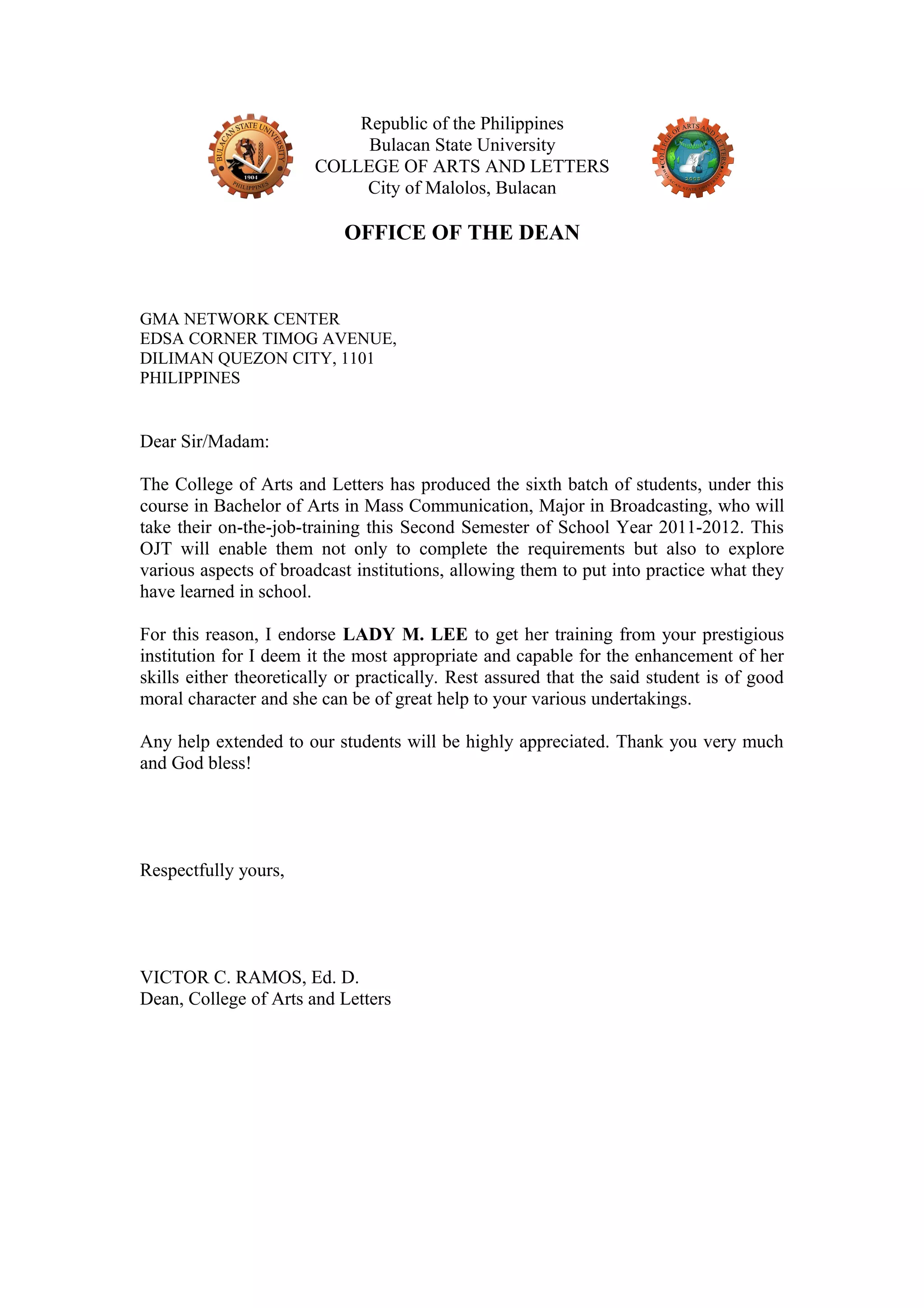 OJT Endorsement Letter | DOC