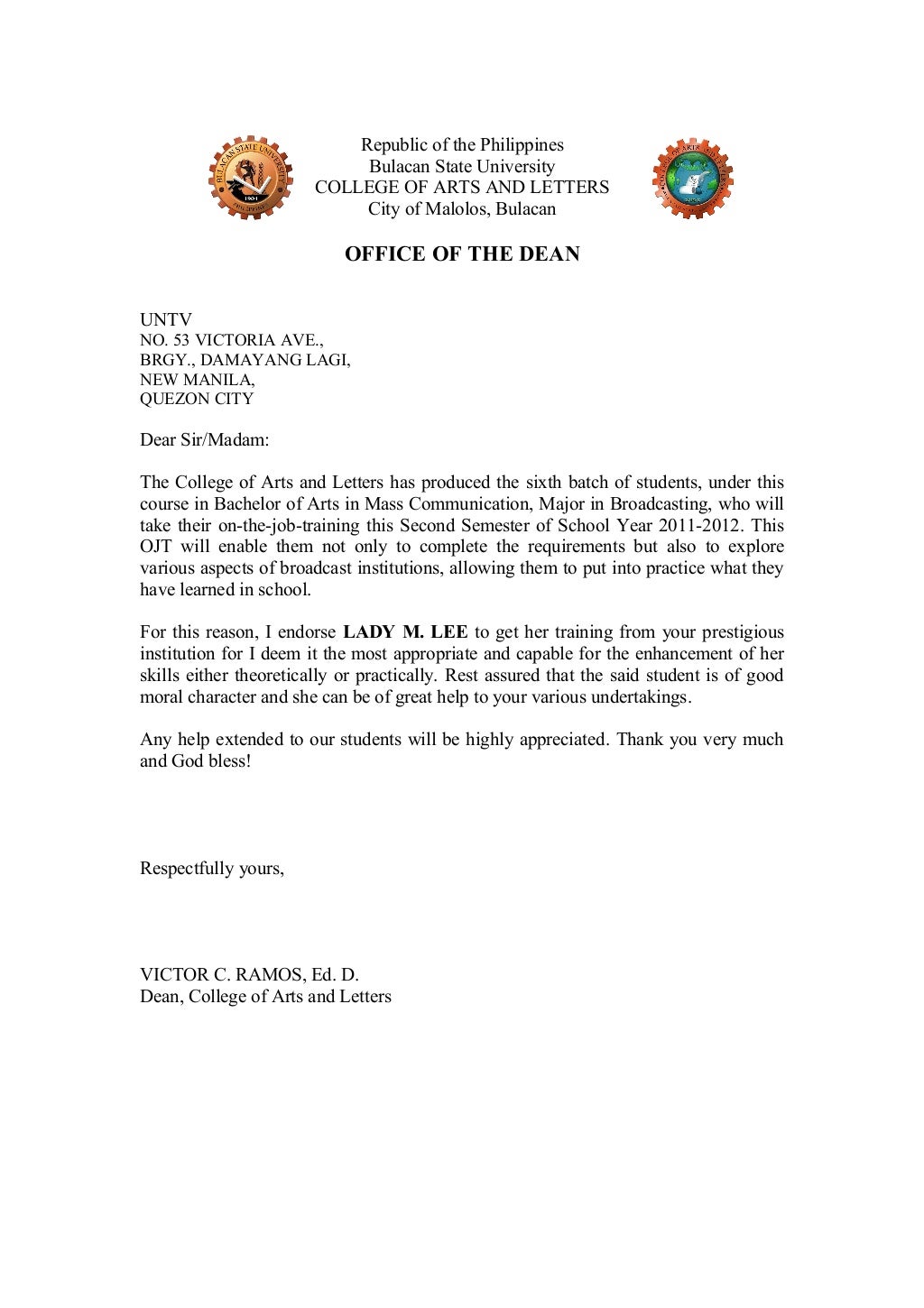 OJT Endorsement Letter