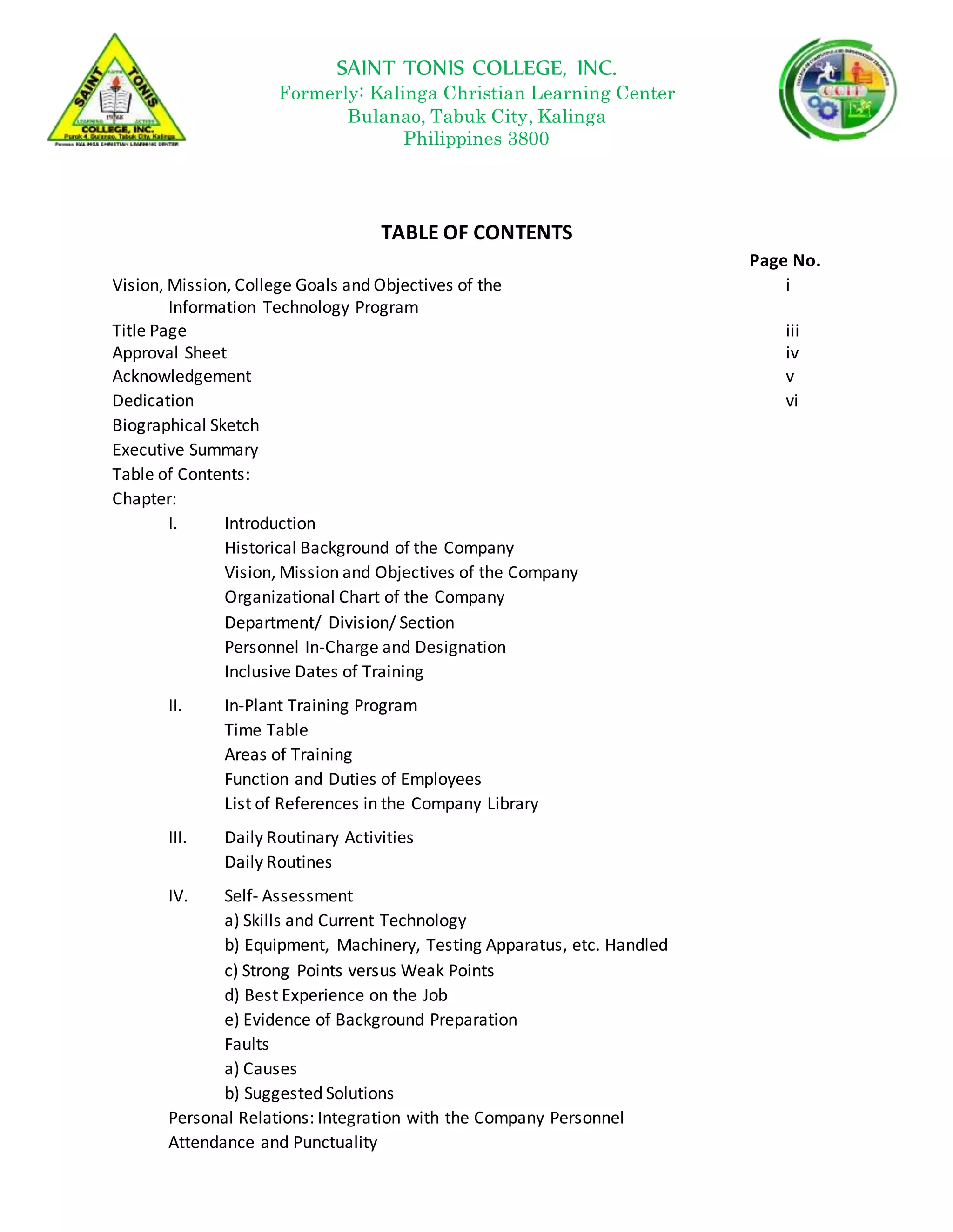 Ojt narrative report table of contents | DOCX