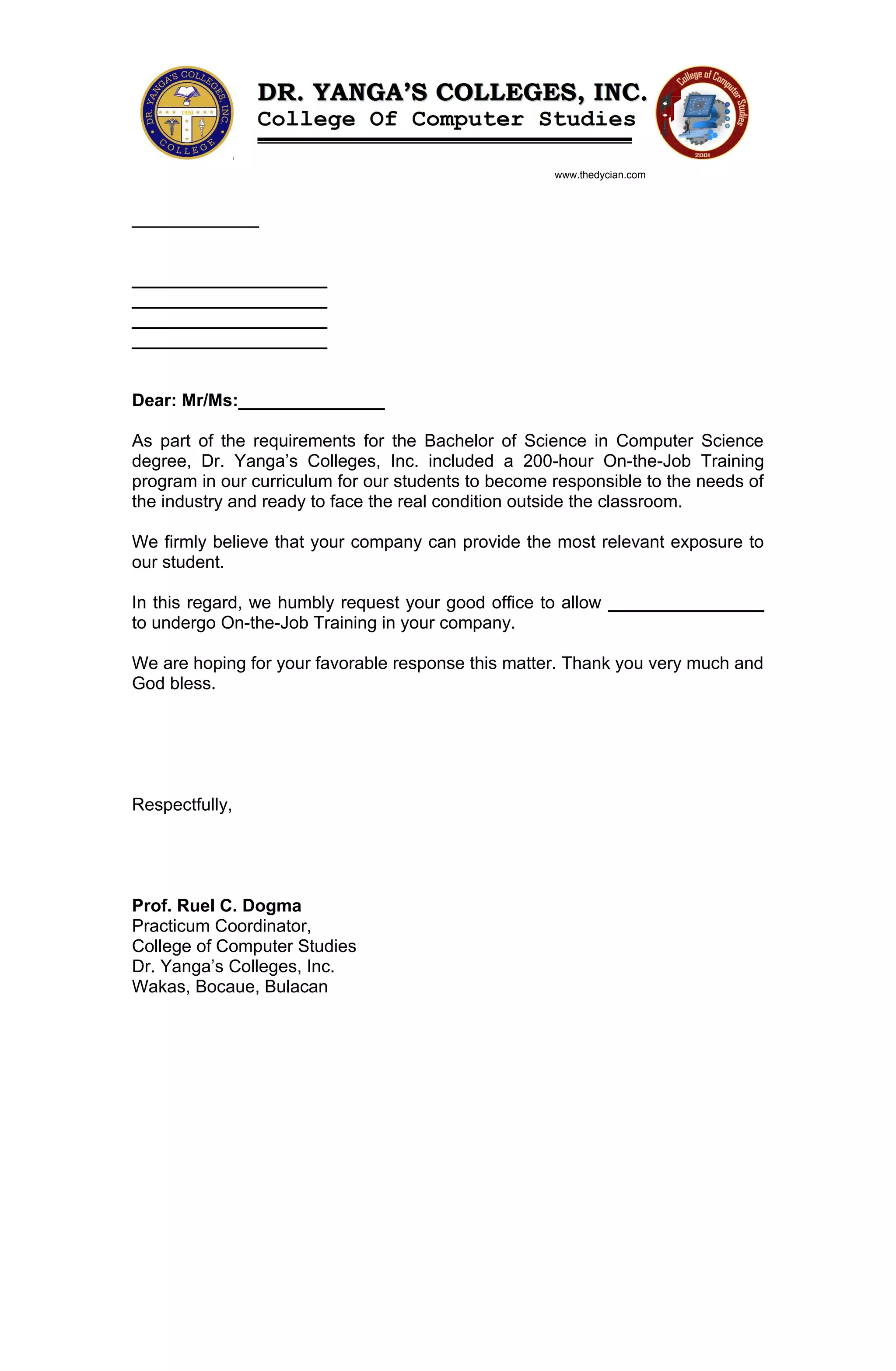 Ojt recomemdation letter | DOC