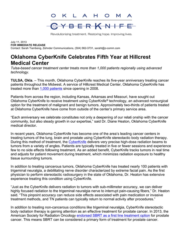 Oklahoma CyberKnife Celebrates Fifth Year at Hillcrest Medical Center | PDF