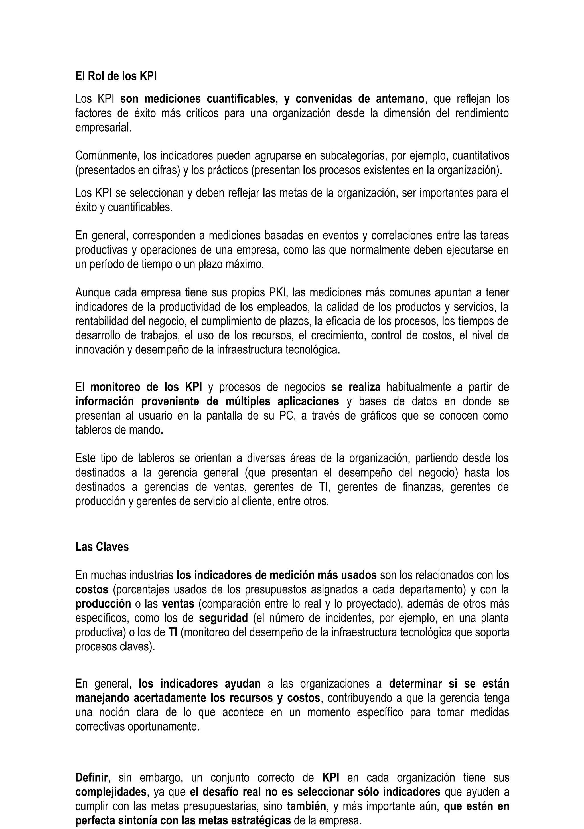 LosIndicadores de gestion, mas conocidos como KPI | DOC | Business | Business and Finance