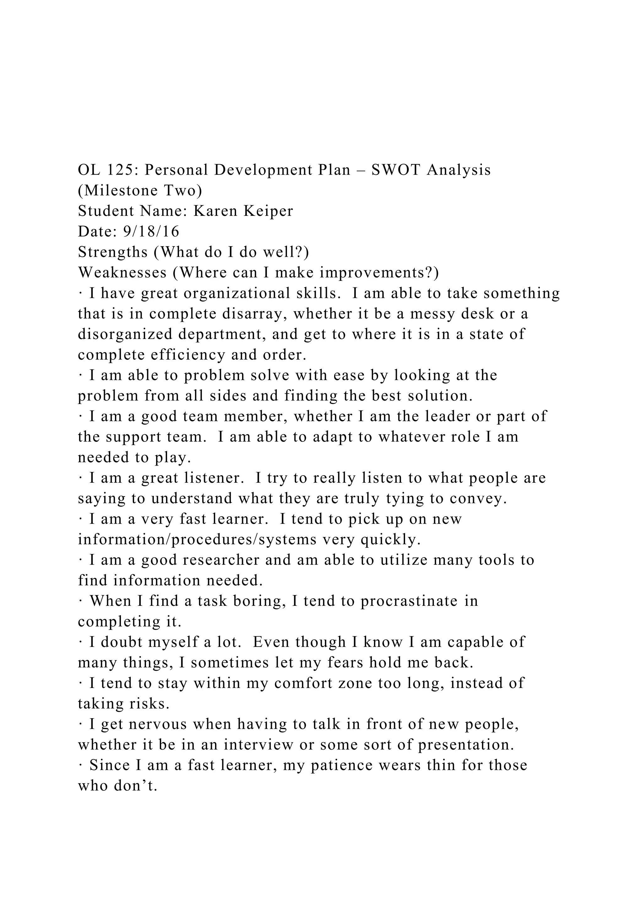 OL 125 Personal Development Plan – SWOT Analysis (Milestone T.docx ...