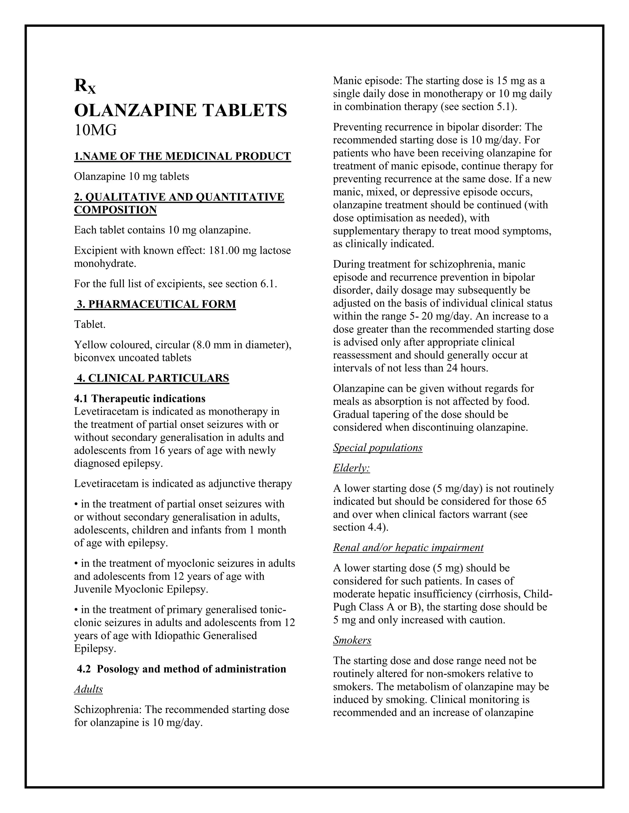Olanzapine 10mg tablets smpc taj pharmaceuticals | PDF
