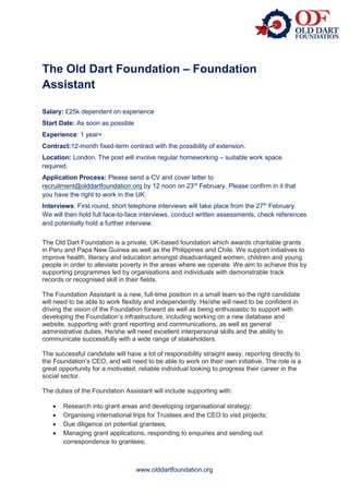Old Dart Foundation - Foundation Assistant 2018 job description | PDF