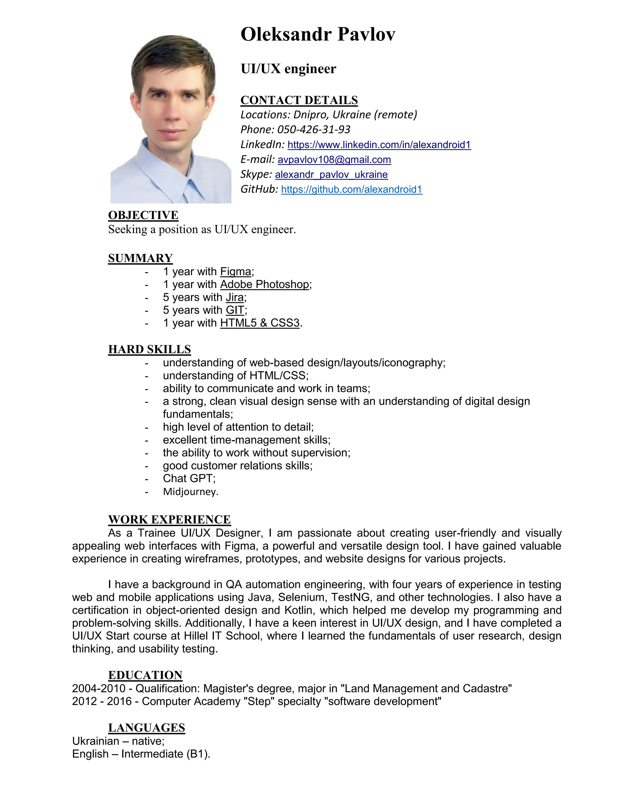 Oleksandr Pavlov - UI/UX Designer | User Experience, Design | PDF