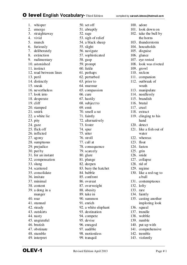 O Level English Vocabulary Updated On 3 April 2013 Page 1 O Level English Vocabulary Updated On 3 April 2013 Page 1