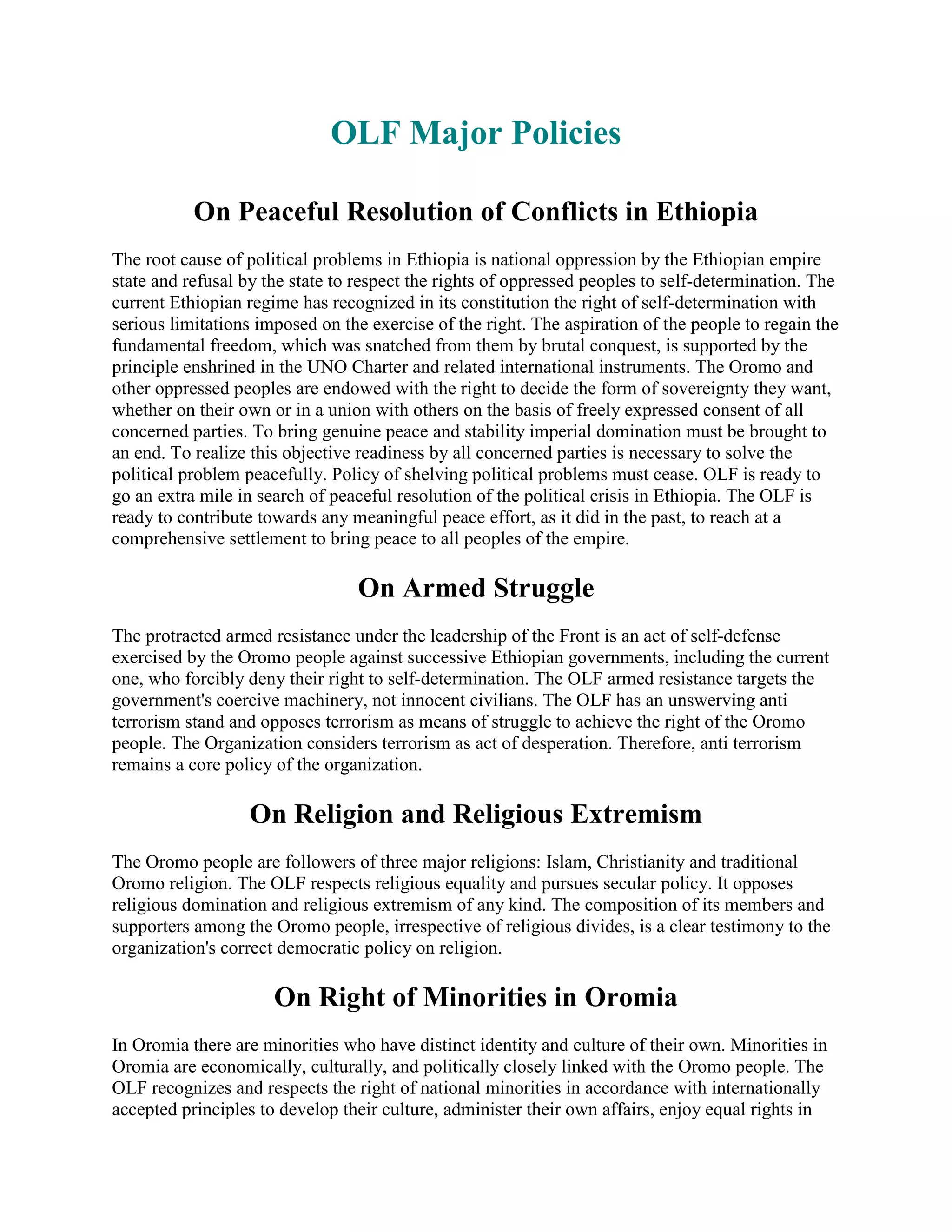 Oromo Liberation Front (OLF) major-policies programs | PDF