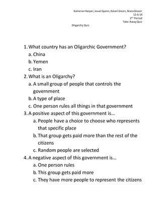 Oligarchy quiz | DOCX | Elections | Politics