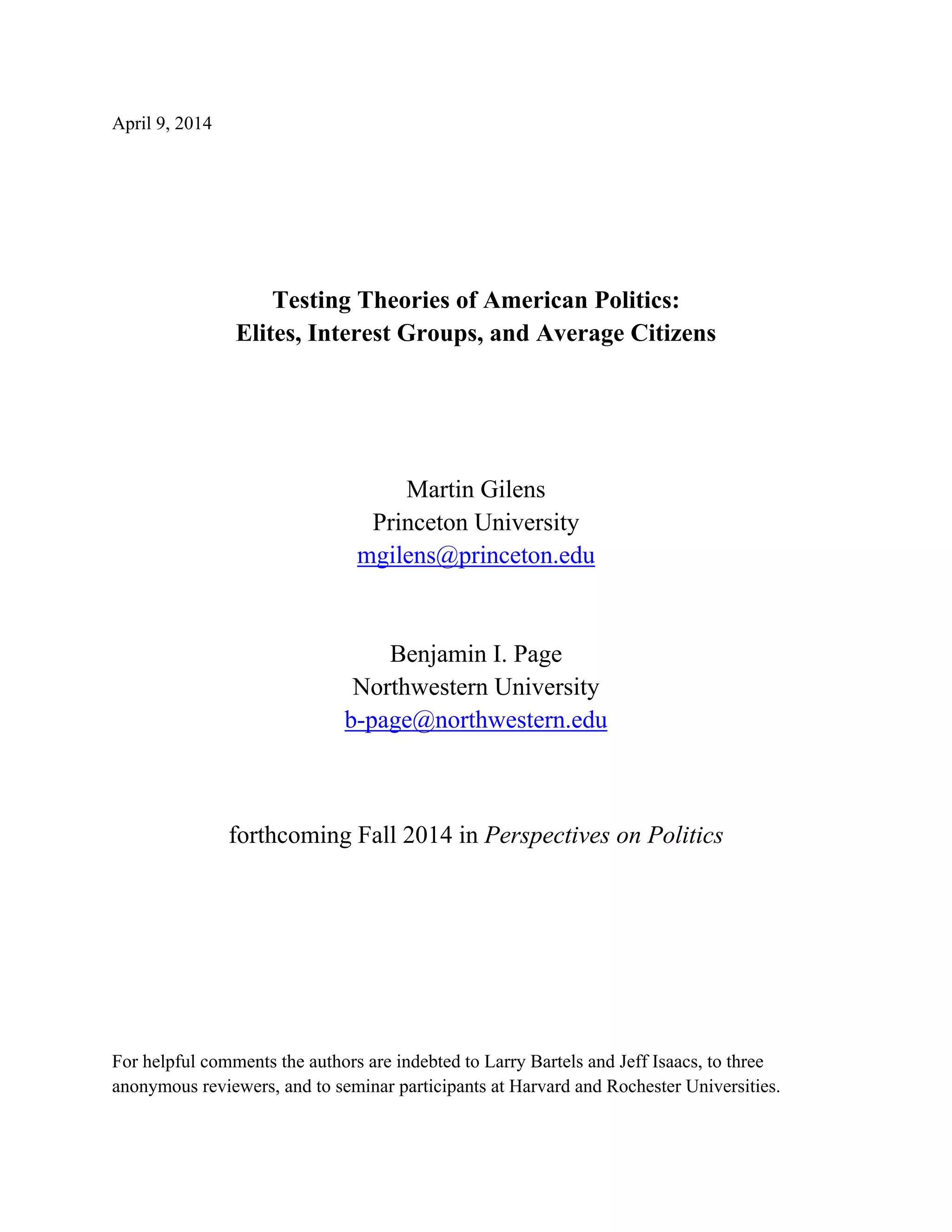 Oligarchy rules democracy: Testing Theories of American Politics ...
