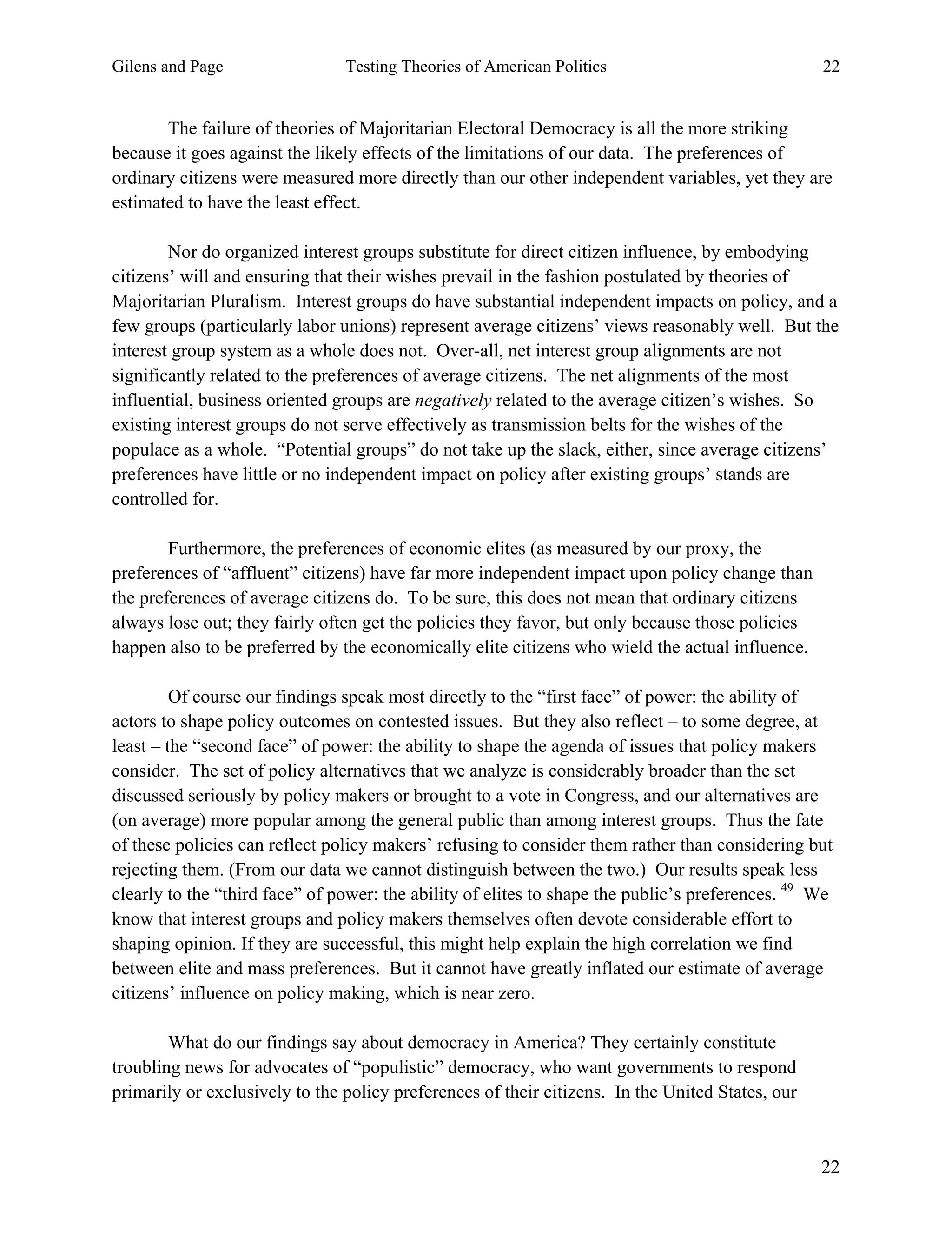 Oligarchy rules democracy: Testing Theories of American Politics ...