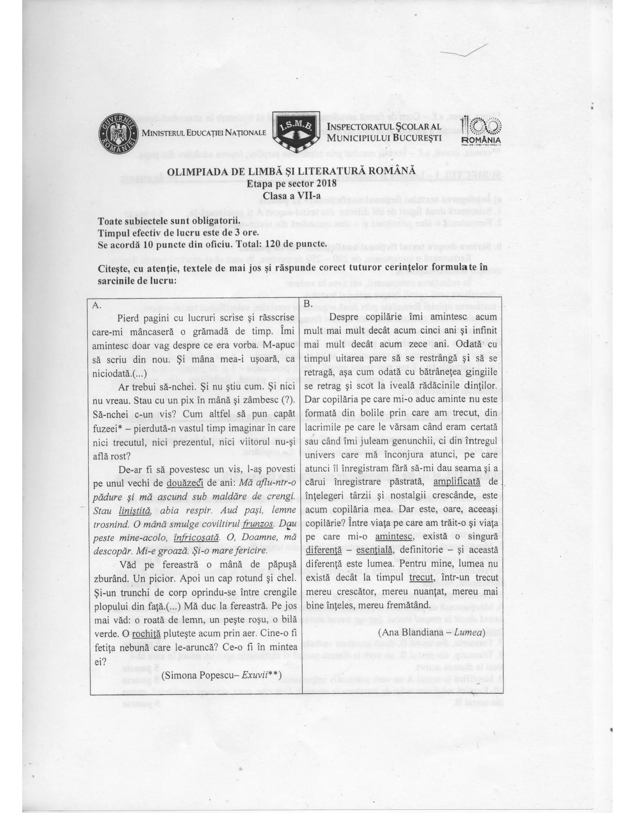 Olimpiada de Limba si Literatura Romana 2018 - Etapa pe sector | DOC