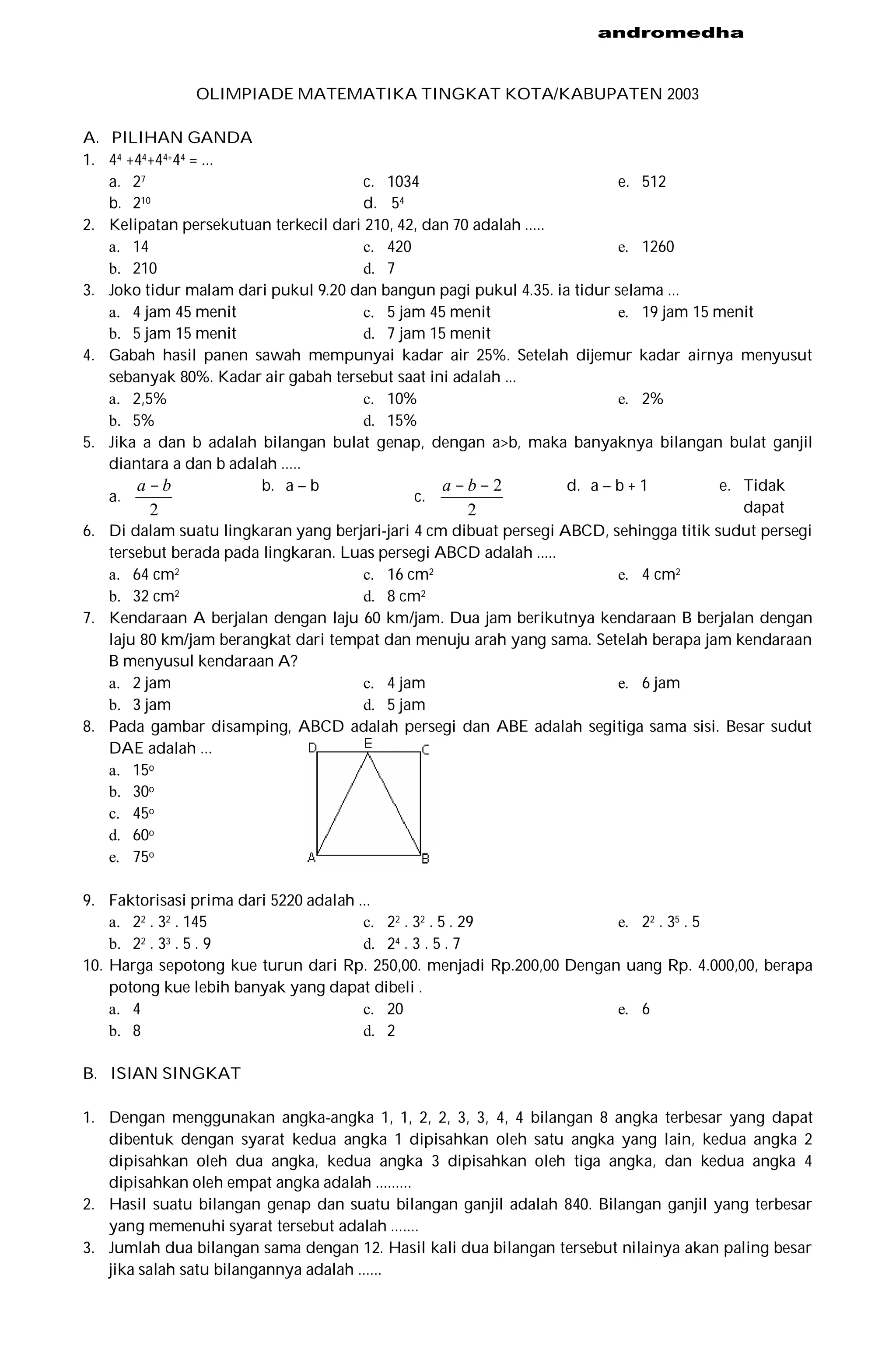 Olimpiade matematikasm ptingkatkotakabupaten2003 | PDF