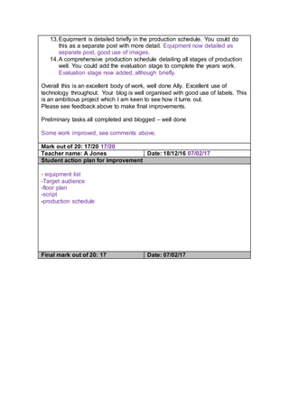 AS pre production tasks feedback sheet | PDF