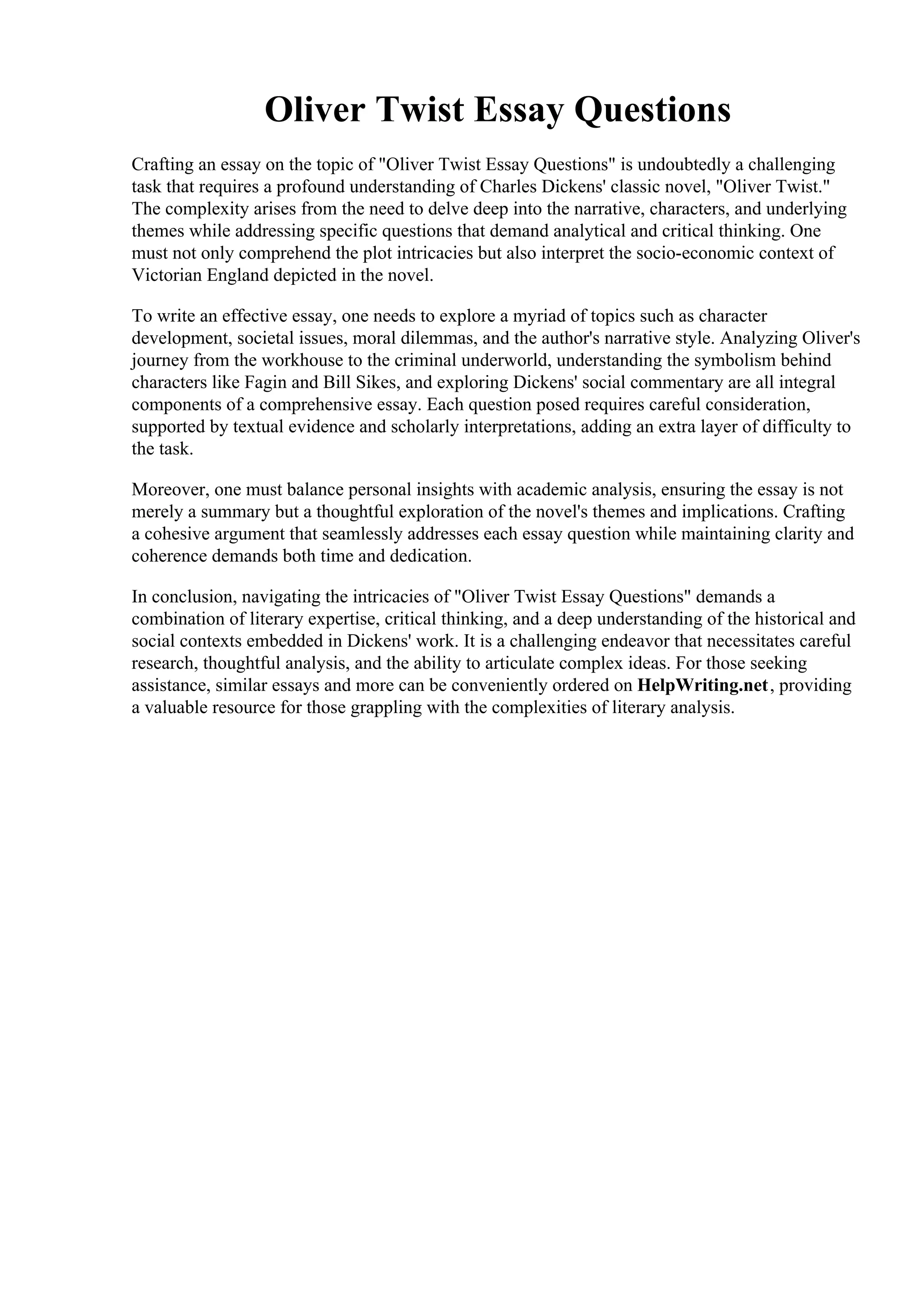 Oliver Twist Essay Questions. Oliver Twist Chapter 1 Comprehension - ESL worksheet by mamanours ...