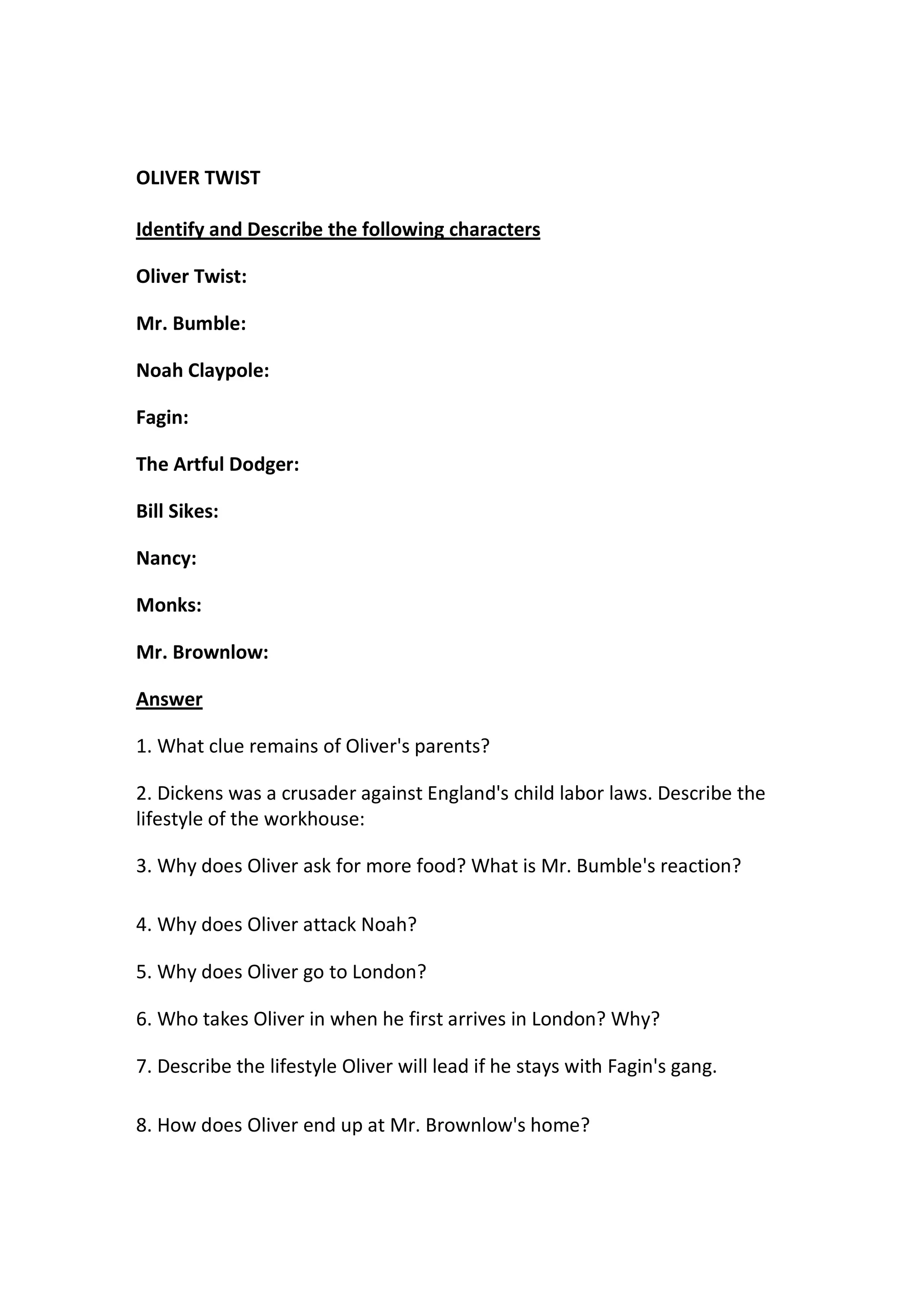 Oliver twist movie questions | PDF