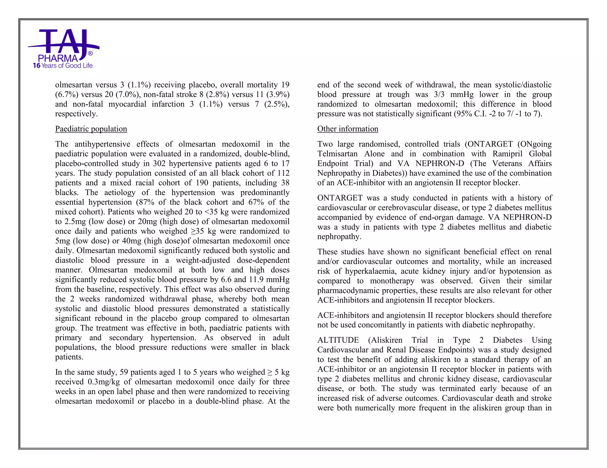 Olmesartan Tablets Taj Pharma SmPC | PDF