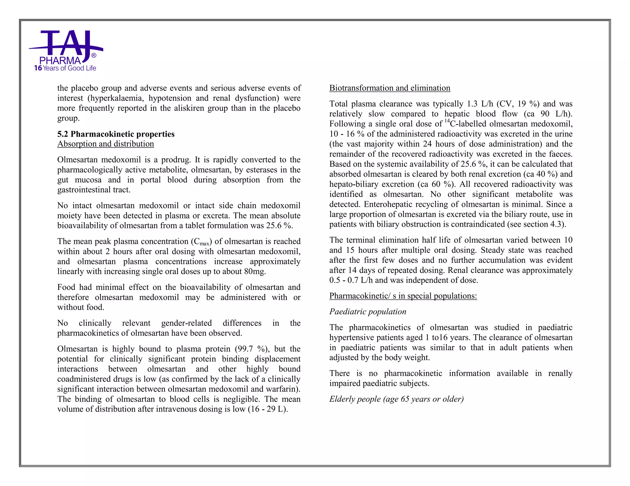 Olmesartan Tablets Taj Pharma SmPC | PDF