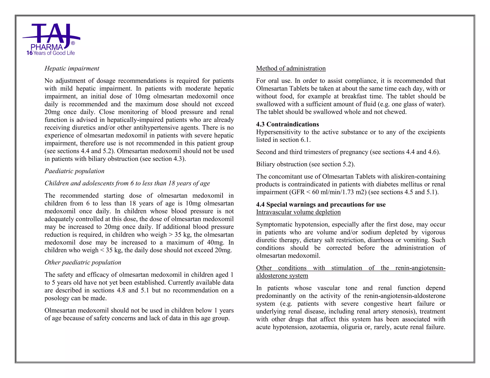 Olmesartan Tablets Taj Pharma SmPC | PDF