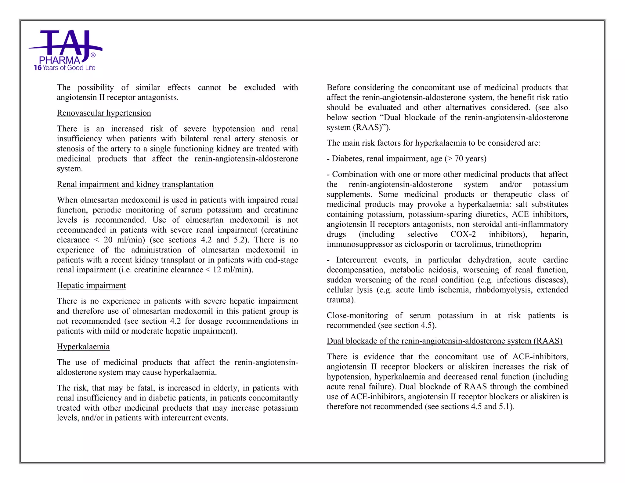 Olmesartan Tablets Taj Pharma SmPC | PDF
