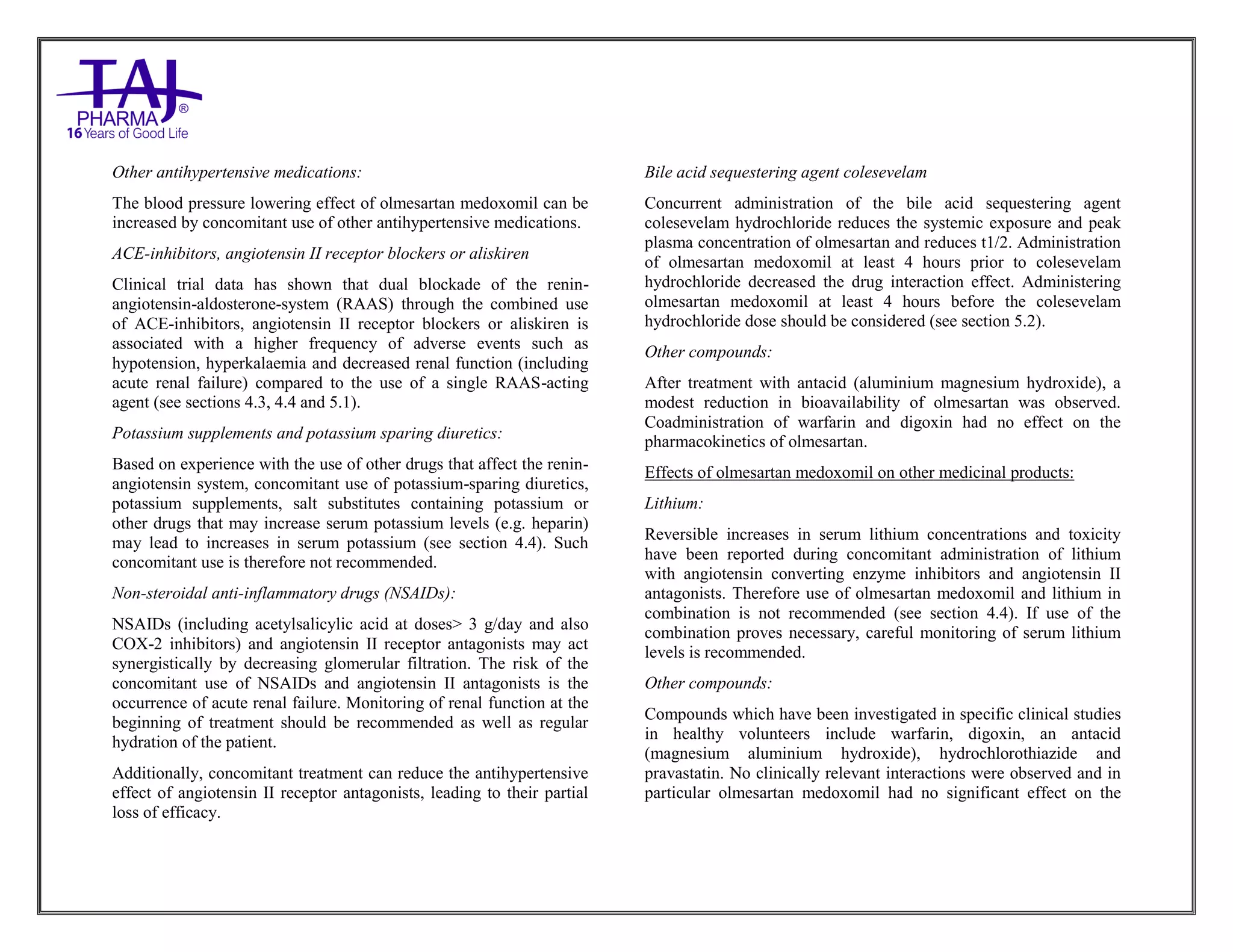 Olmesartan Tablets Taj Pharma SmPC | PDF