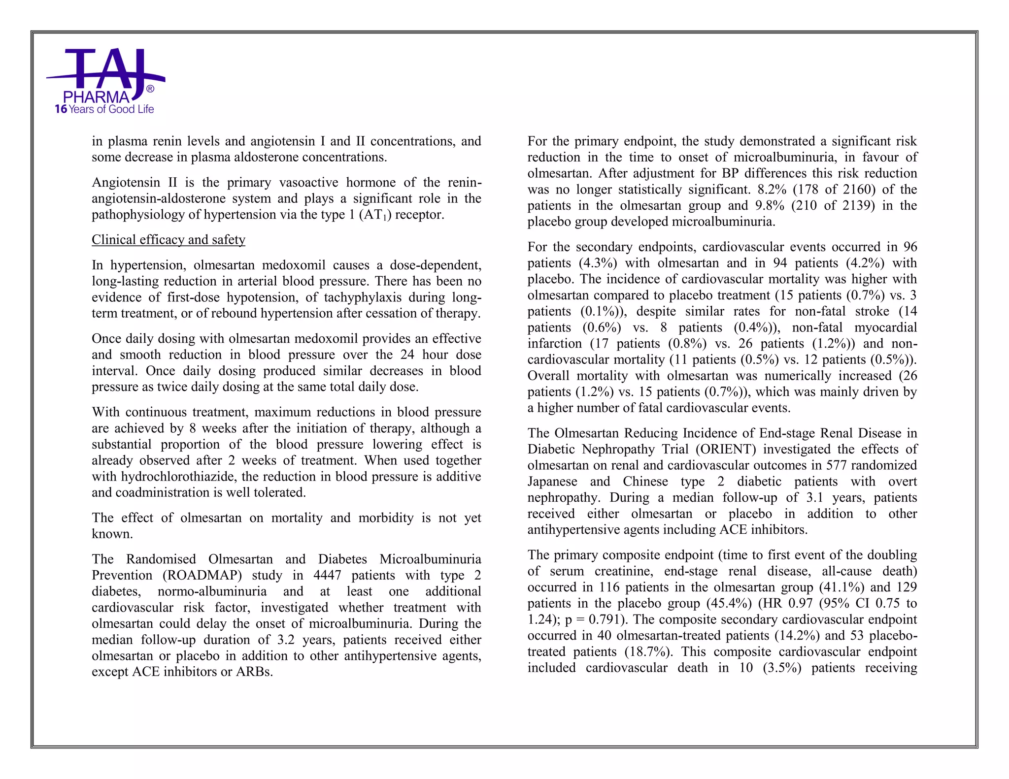 Olmesartan Tablets Taj Pharma SmPC | PDF