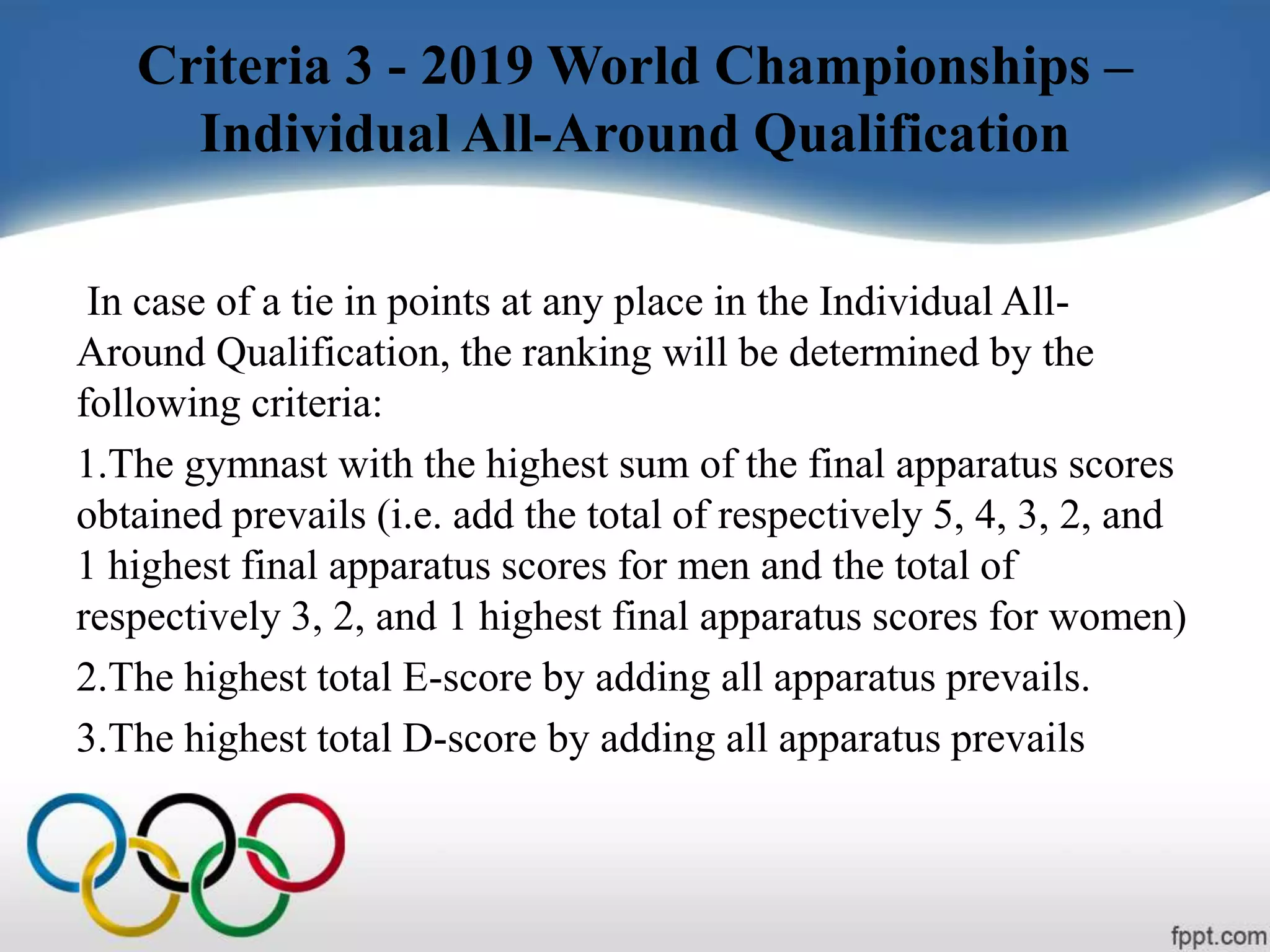 Qualifying criteria Olympic gymnastics and tie breaking system | PPT