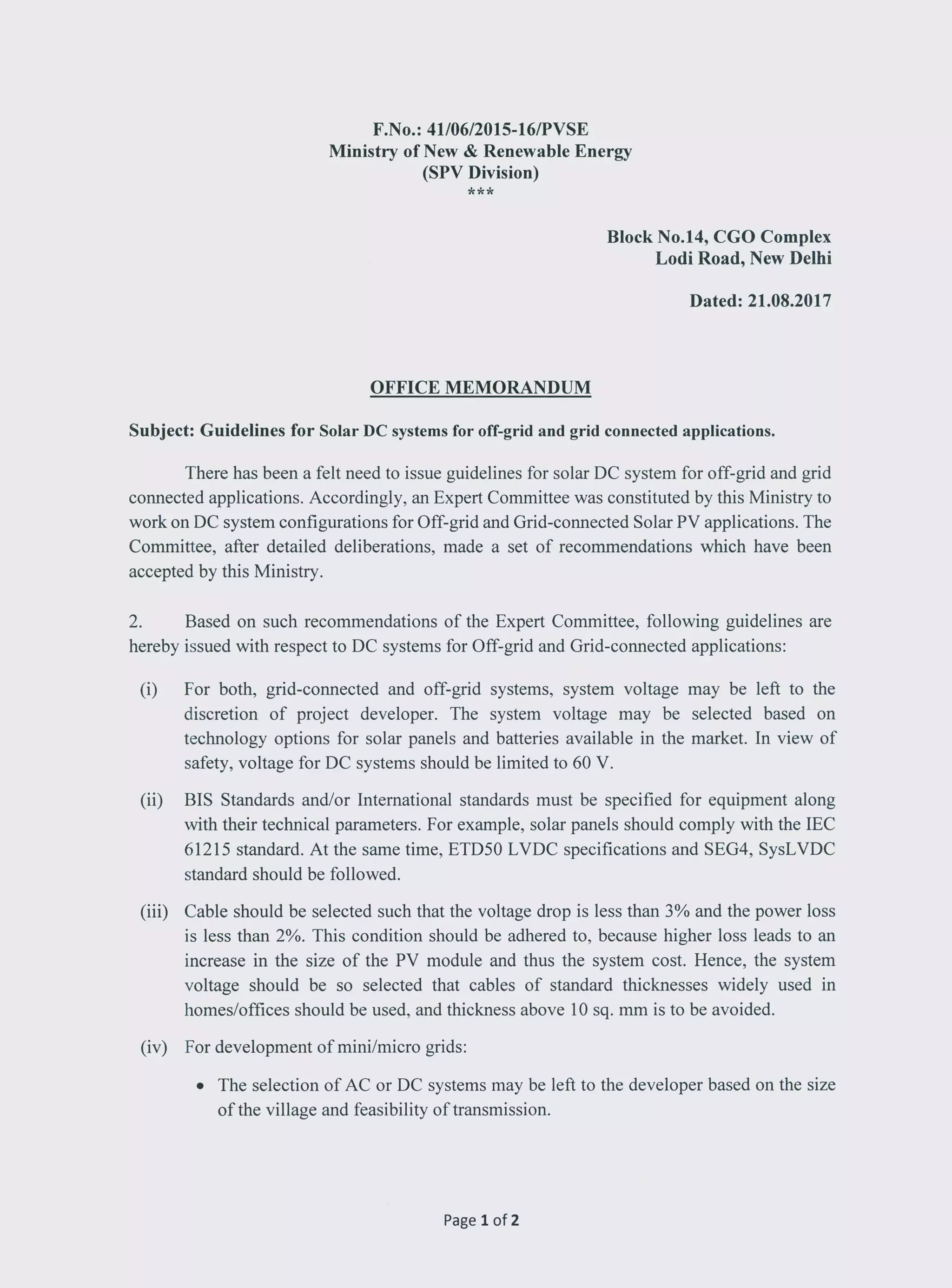 MNRE Guidelines for off-grid and grid connected Solar DC System | PDF