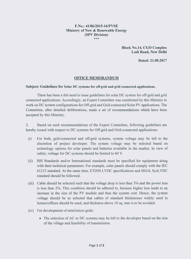MNRE Guidelines for off-grid and grid connected Solar DC System | PDF