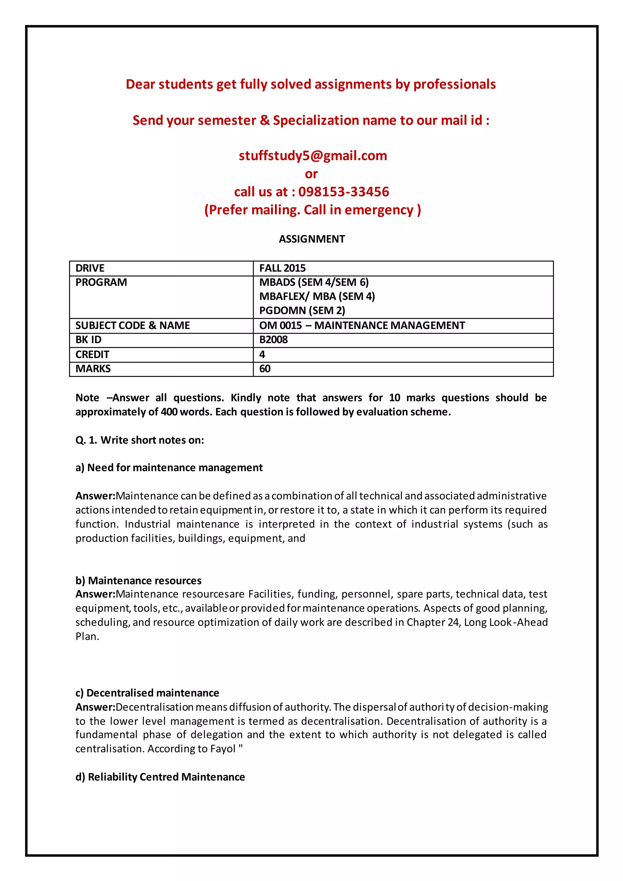 Om0015 maintenance management | PDF | Free Download