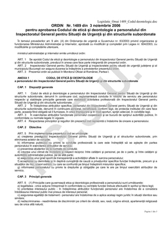Ordin M.A.I. nr. 1489 2006 cod deontologic pompieri | PDF
